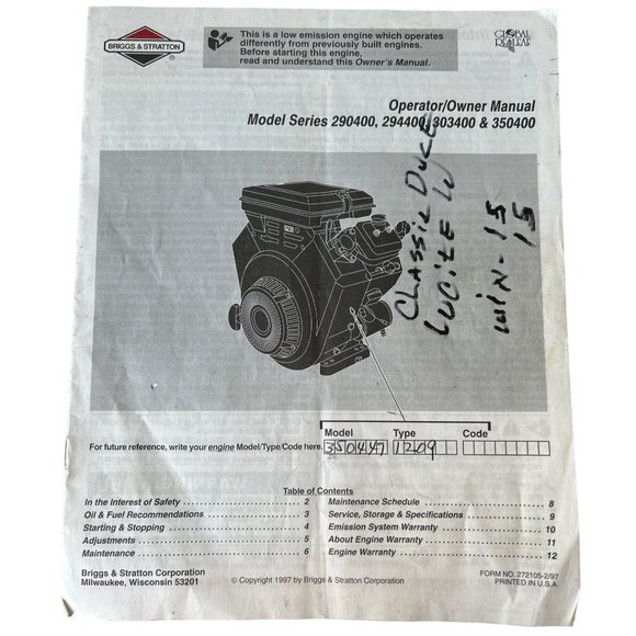 Other | Briggs Stratton Operator Owner Manual Series 29400 294400 ...